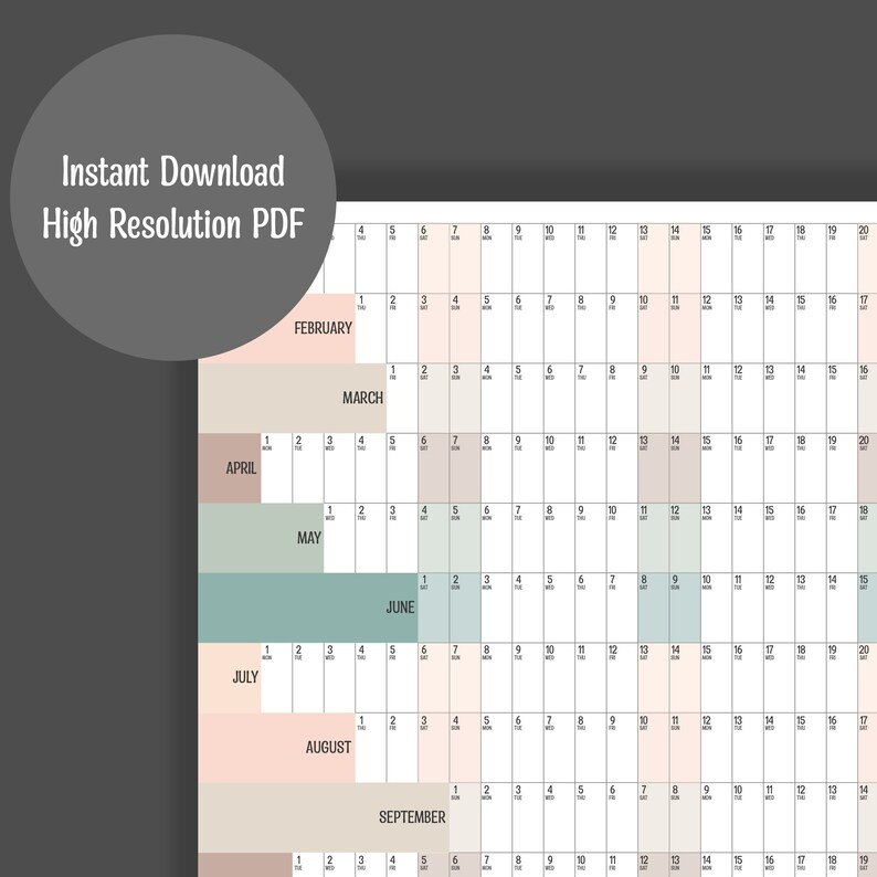 2024 Horizontal Full Year Wall Planner, Printable PDF, A4,A3,A2 & A1 ...