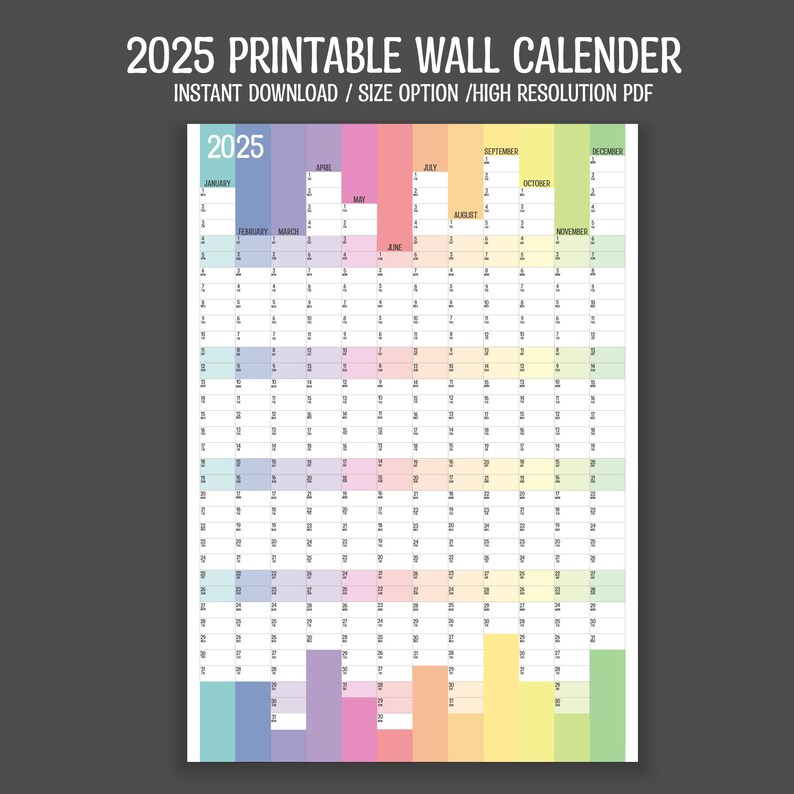 2025 Vertical Full Year Wall Planner, Printable PDF, A4,A3,A2 & A1 ...