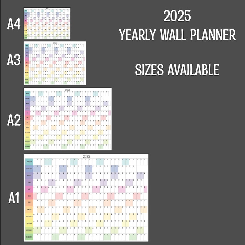 2025 Horizontal Full Year Wall Planner, Printable PDF, A4,A3,A2 & A1 ...