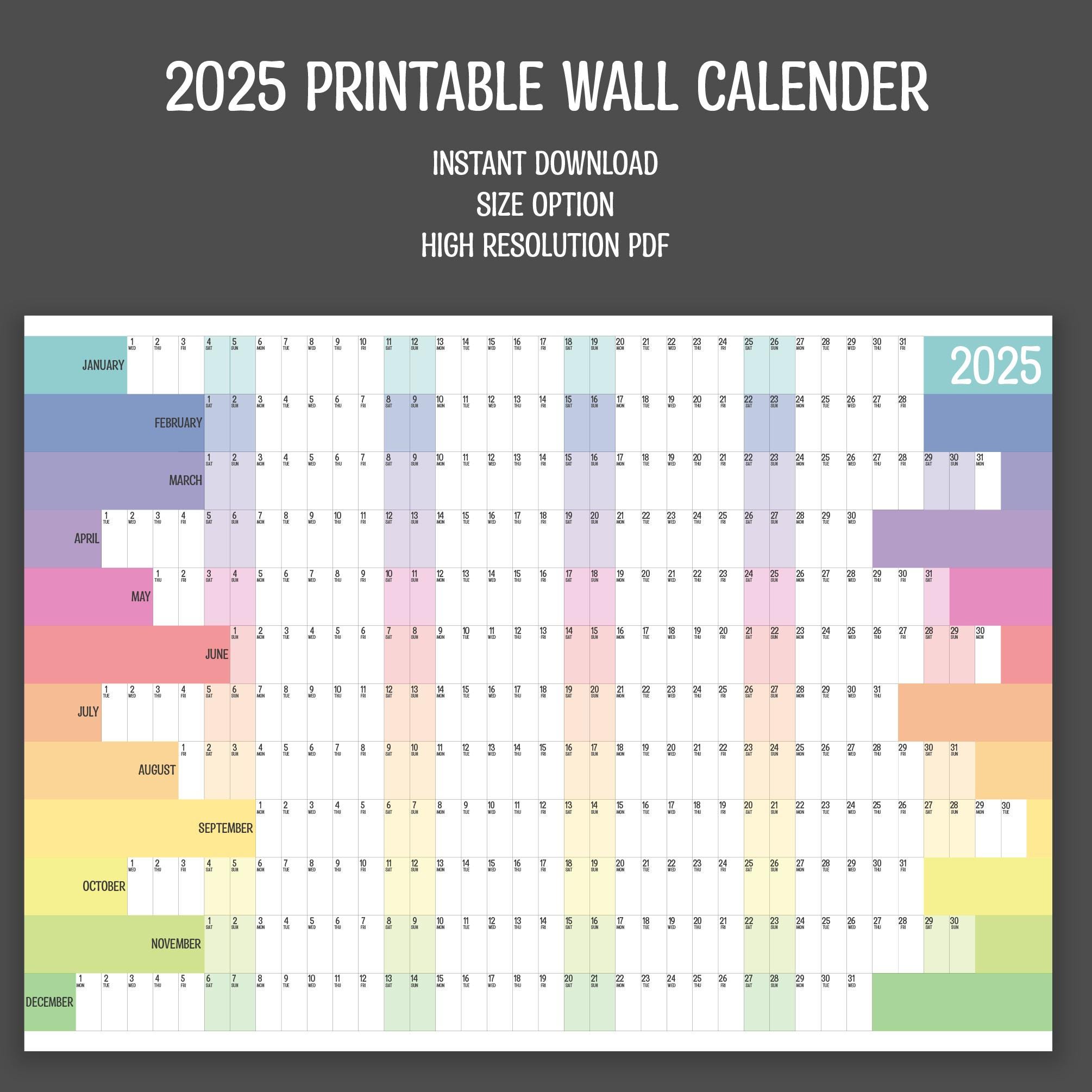 2025 Horizontal Full Year Wall Planner, Printable PDF, A4,A3,A2 & A1 ...