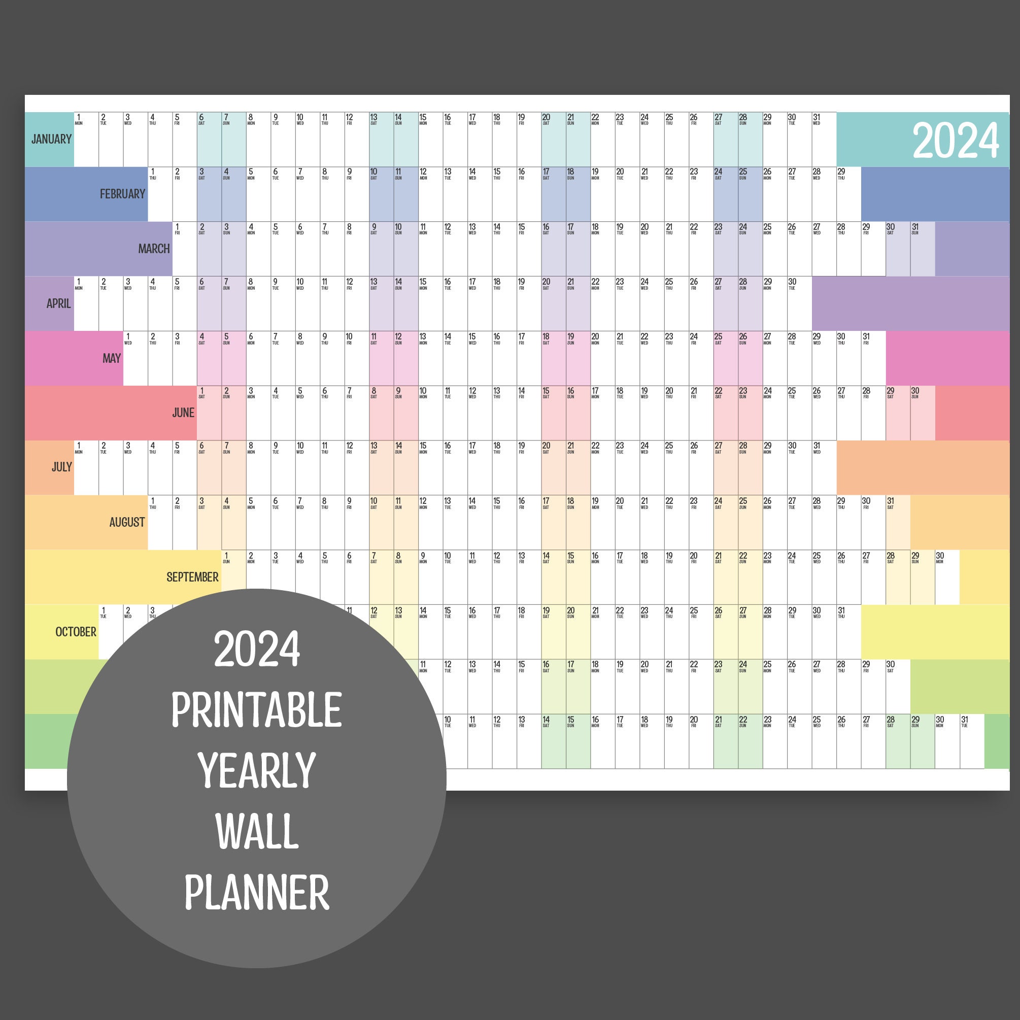 2024 Horizontal Full Year Wall Planner, Printable PDF, A4,A3,A2 & A1 ...