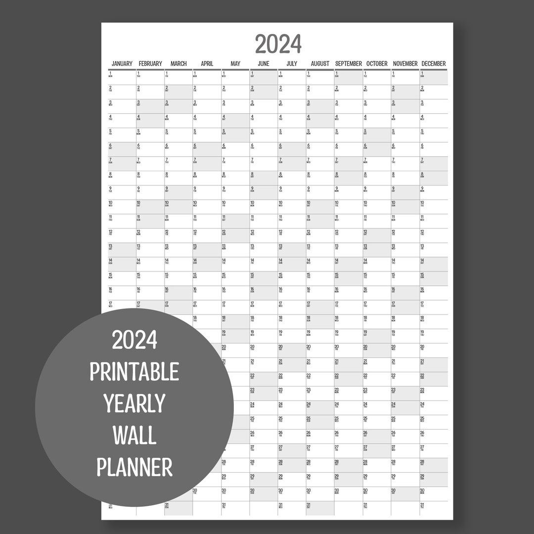 2024 Vertical Full Year Wall Planner, Printable PDF, A4,A3,A2 & A1 ...