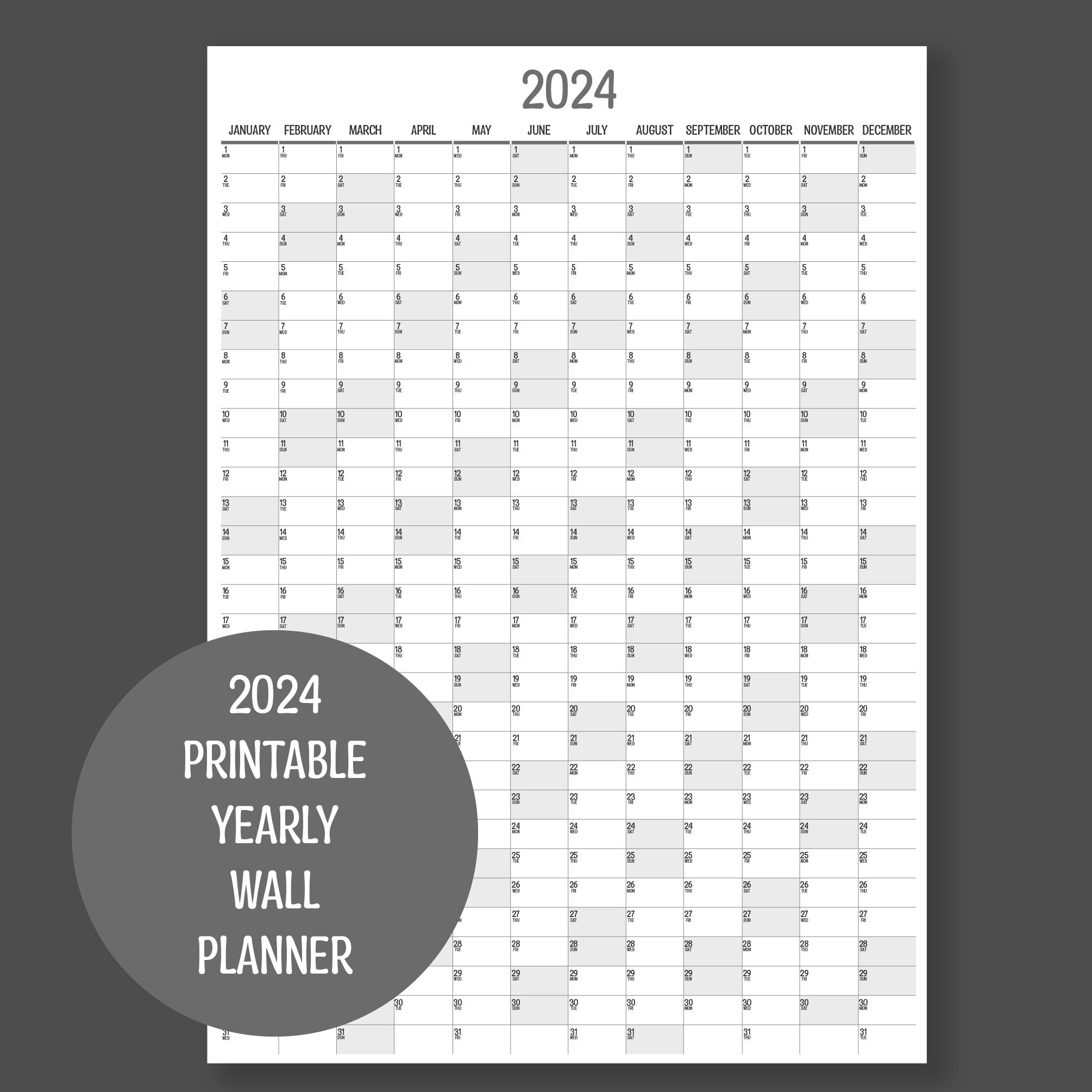 2024 Vertical Full Year Wall Planner, Printable PDF, A4,A3,A2 & A1 ...