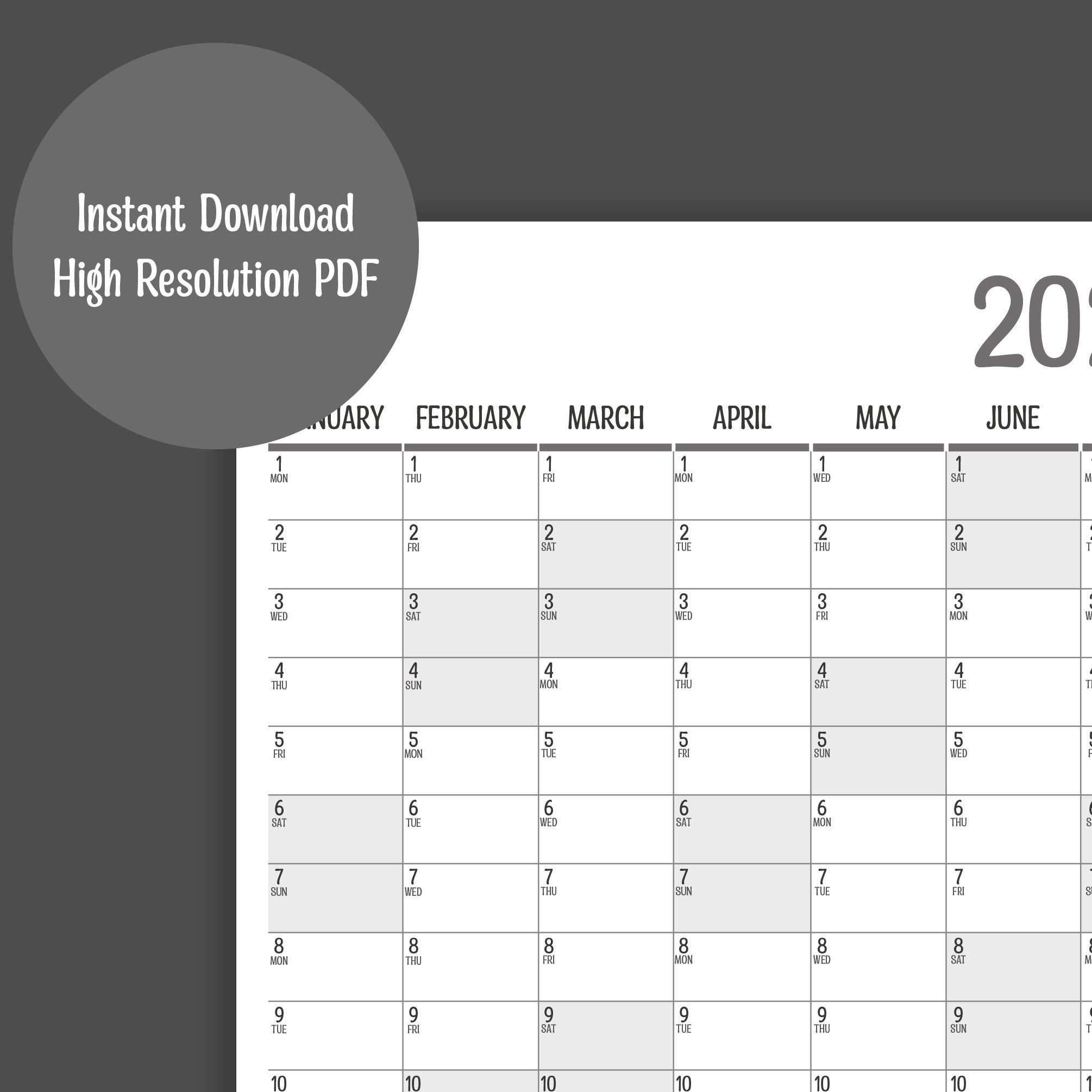 2024 Vertical Full Year Wall Planner, Printable PDF, A4,A3,A2 & A1 ...
