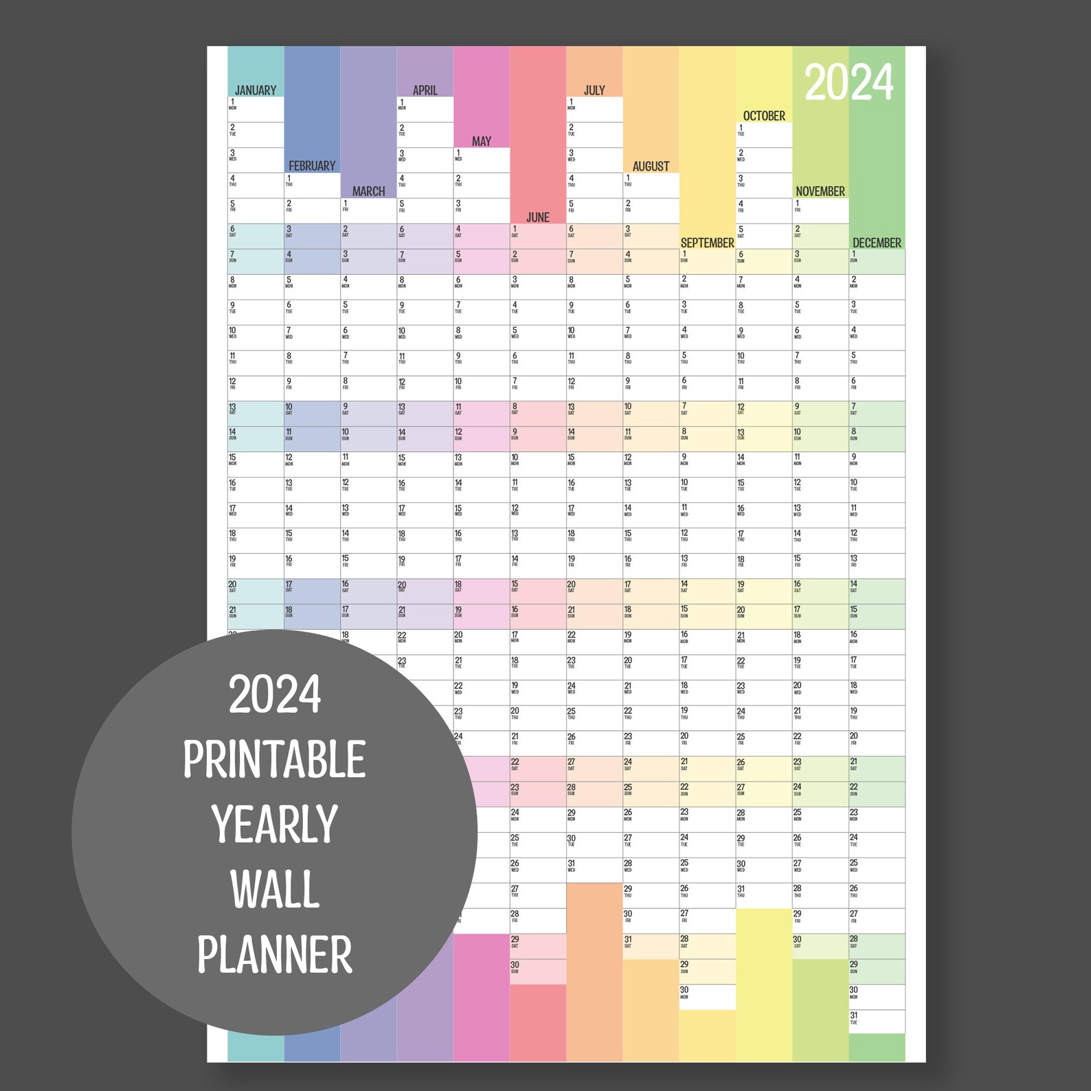 2024 Vertical Full Year Wall Planner, Printable PDF, A4,A3,A2 & A1 ...