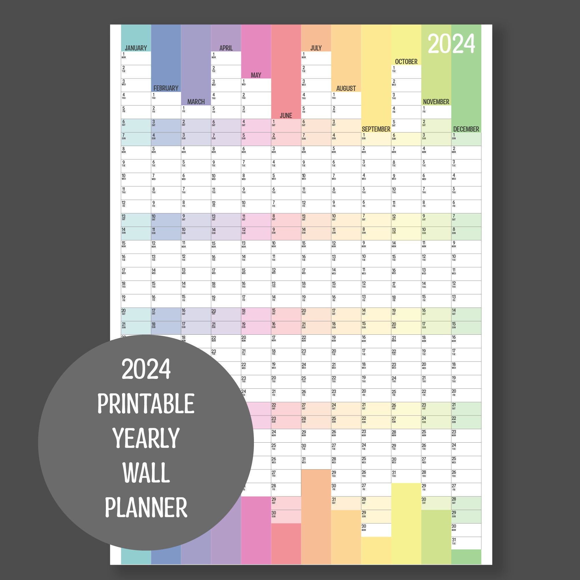 2024 Vertical Full Year Wall Planner, Printable PDF, A4,A3,A2 & A1 ...