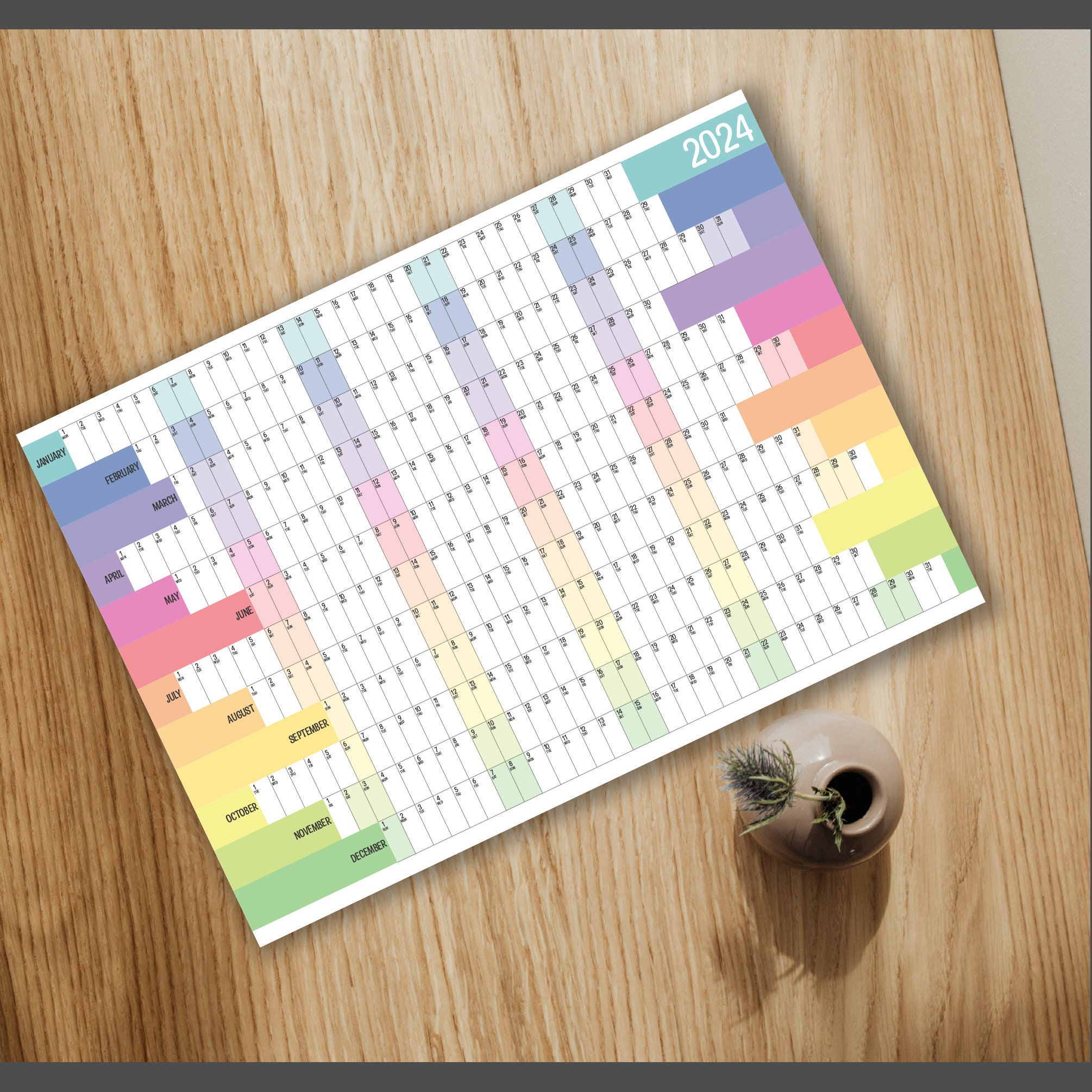 2024 Horizontal Full Year Wall Planner, Printable PDF, A4,A3,A2 & A1 ...