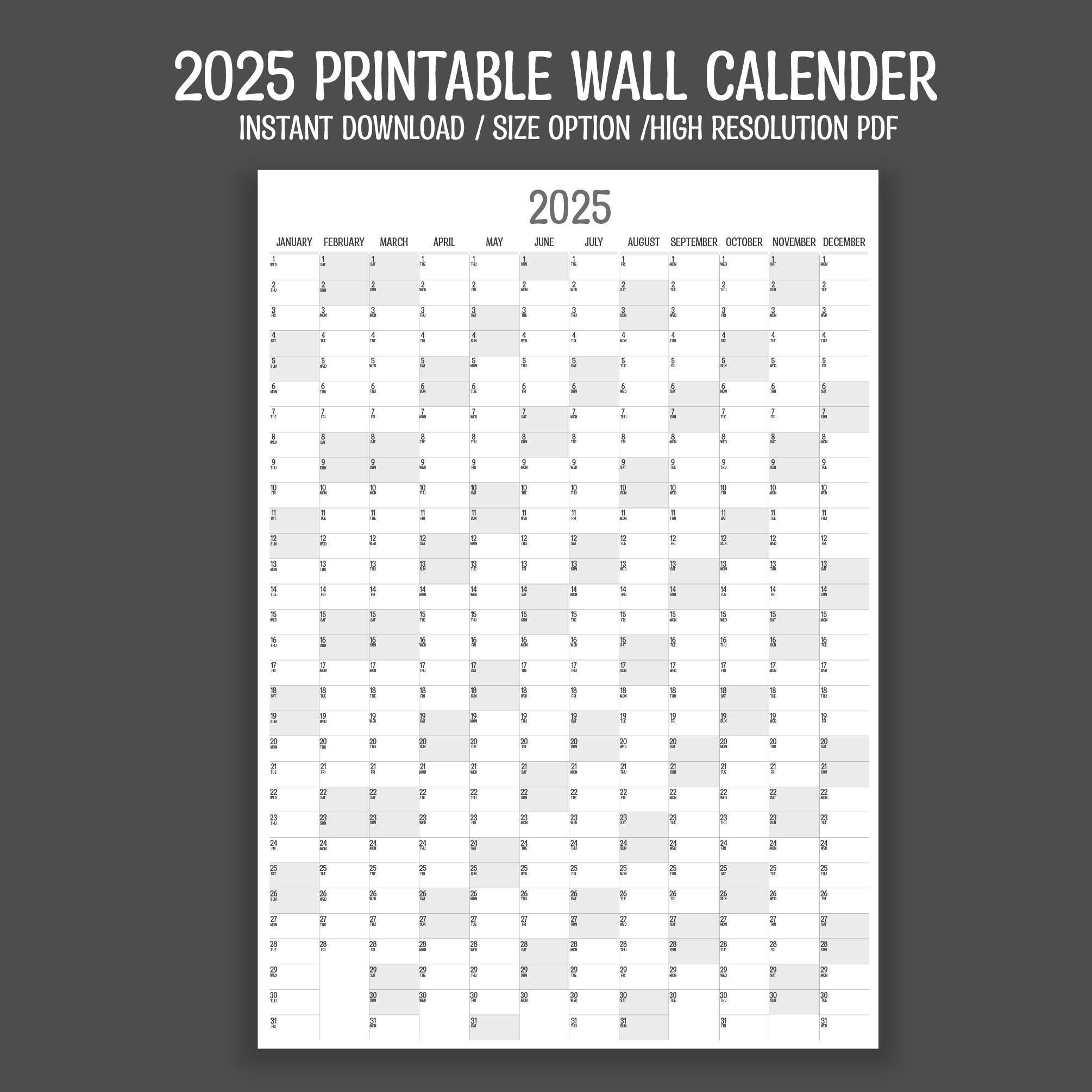 2025 Vertical Full Year Wall Planner, Printable PDF, A4,A3,A2 & A1 ...