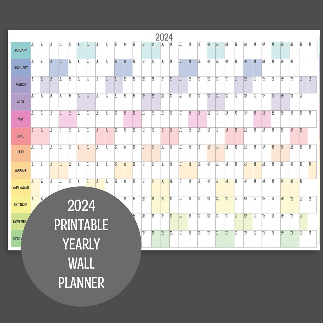2024 Horizontal Full Year Wall Planner, Printable PDF, A4,A3,A2 & A1 ...