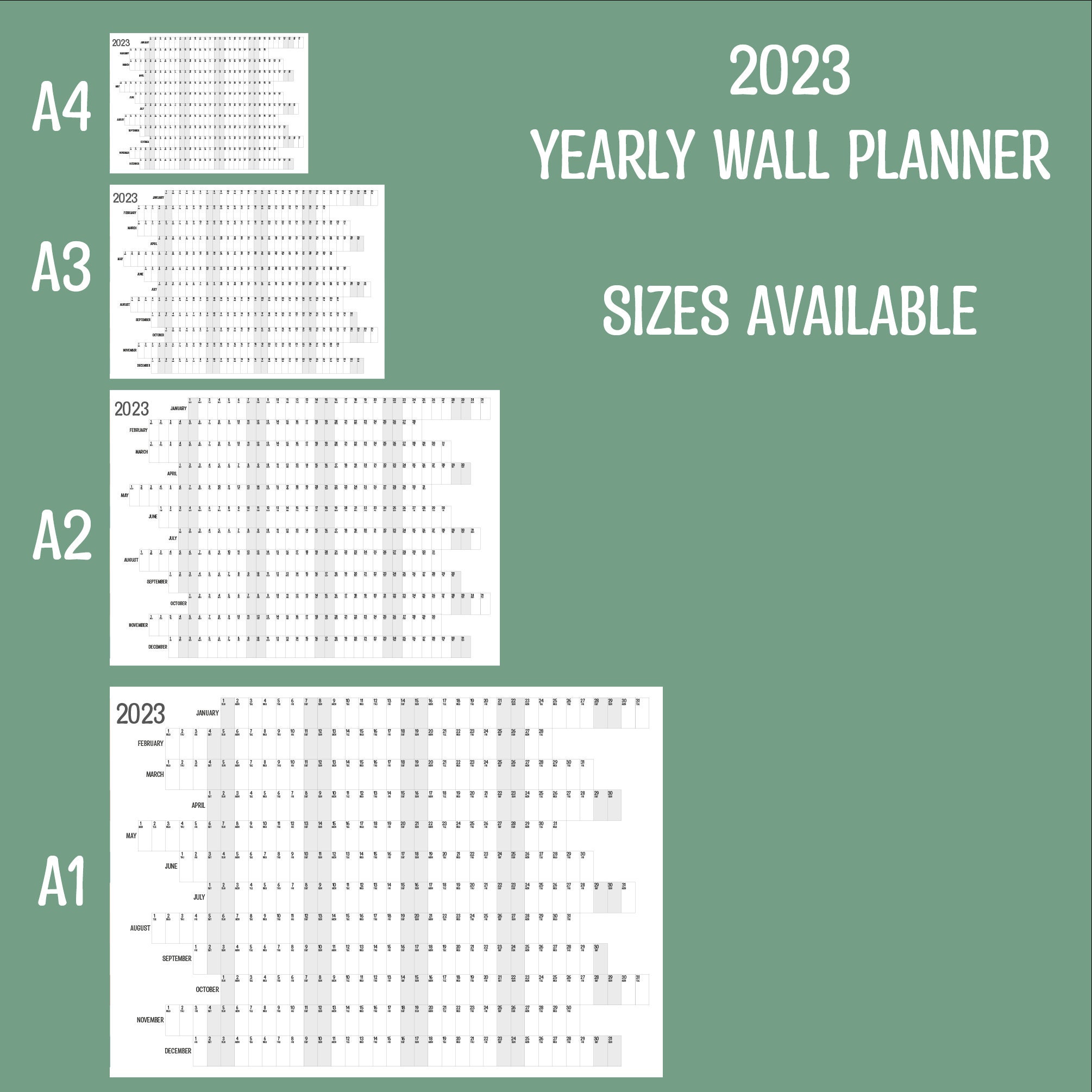 2023 Horizontal Full Year Wall Planner, Printable PDF, A4,A3,A2 & A1 ...