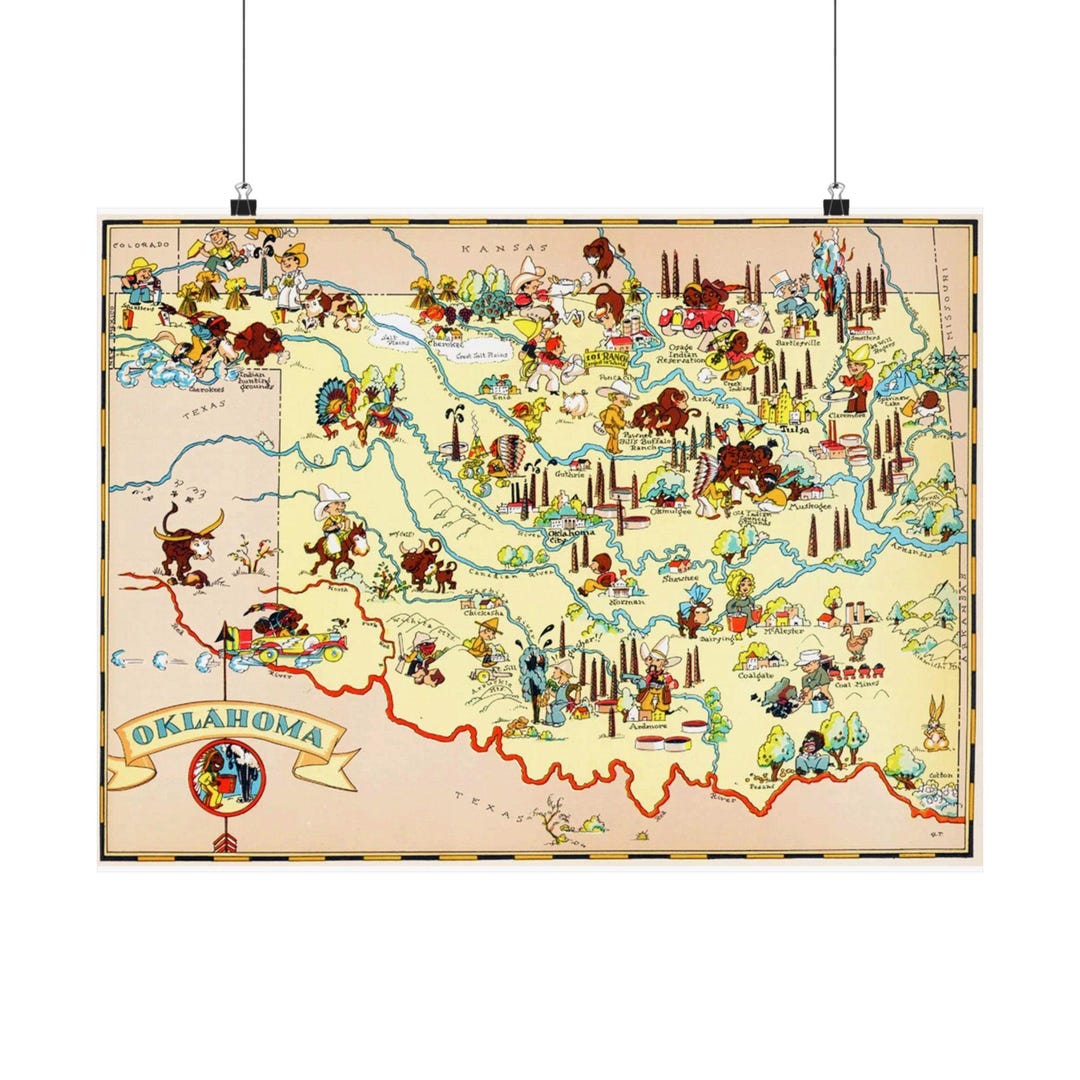 Oklahoma Vintage Cartoon Pictorial Map of by Ruth Taylor 1935, Digital ...