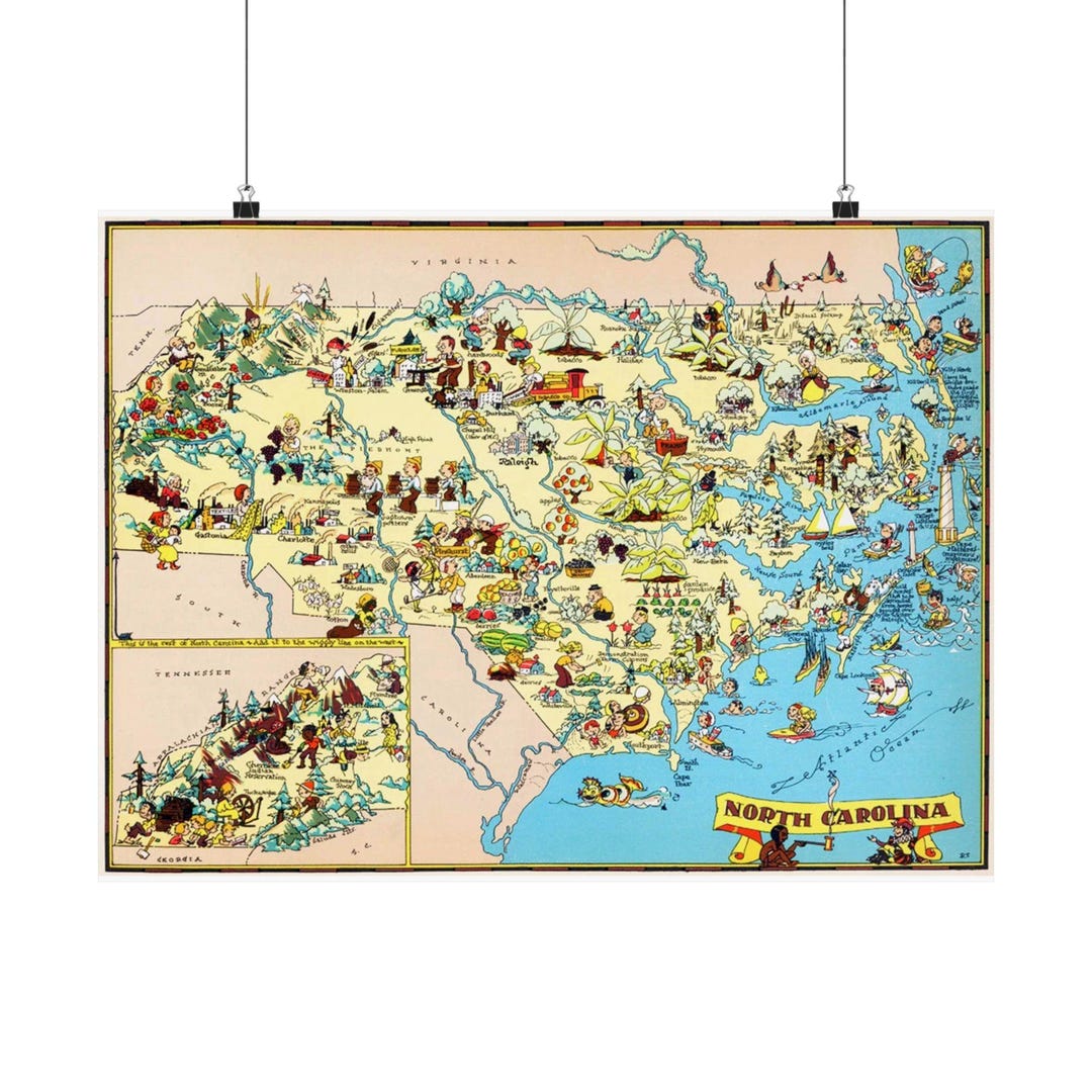 North Carolina Vintage Cartoon Pictorial Map of by Ruth Taylor 1935 ...
