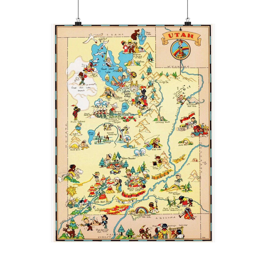 Utah Vintage Cartoon Pictorial Map of by Ruth Taylor 1935, Digital ...