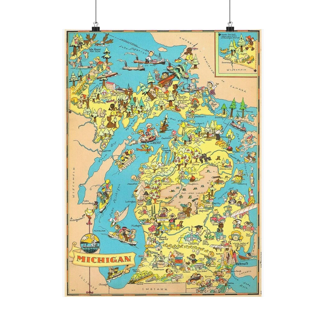 Michigan Vintage Cartoon Pictorial Map of by Ruth Taylor 1935, Digital ...