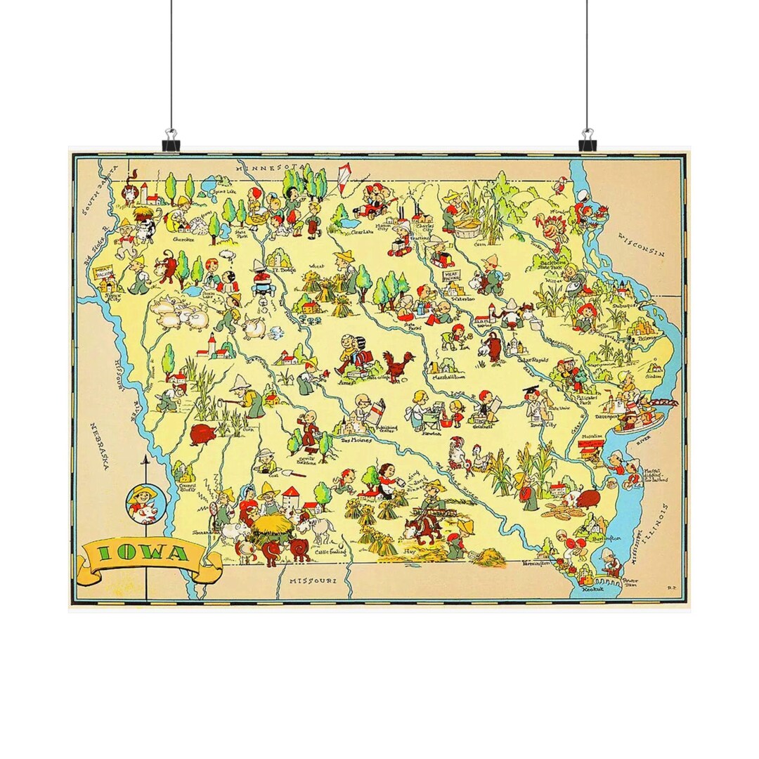 Iowa Vintage Cartoon Pictorial Map of by Ruth Taylor 1935, Digital ...