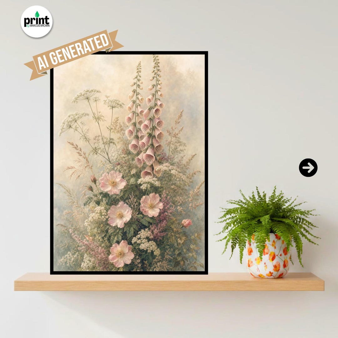 Verträumter Fingerhut und Wildrose Druck, Cottage Garden Wandkunst ...