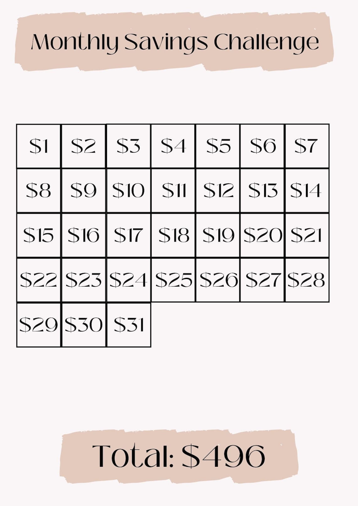 Monthly Money Saving Challenge Printable, 31 Day Money Saving, PDF ...