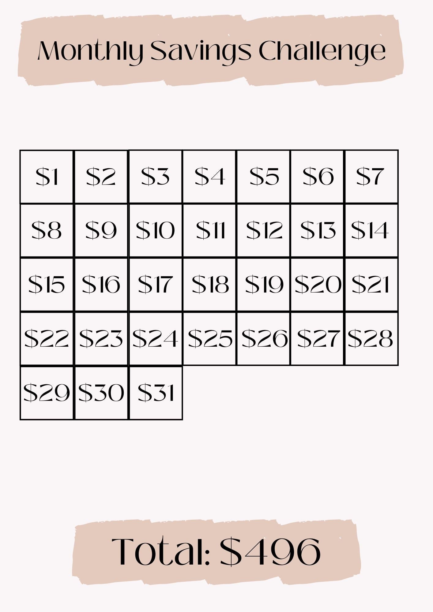 Monthly Money Saving Challenge Printable, 31 Day Money Saving, PDF ...