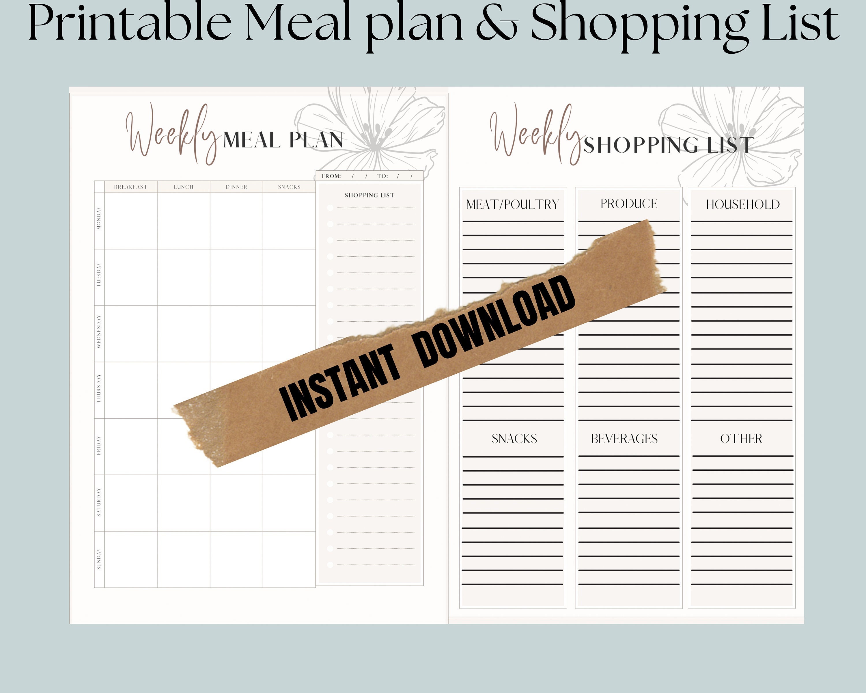 Digital Printable Weekly Planner With Shopping List - Etsy