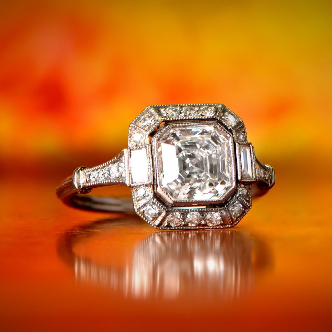 Vintage 1890s 3ct Antique Asscher Cut Bezel Set Diamond Art Deco Ring ...