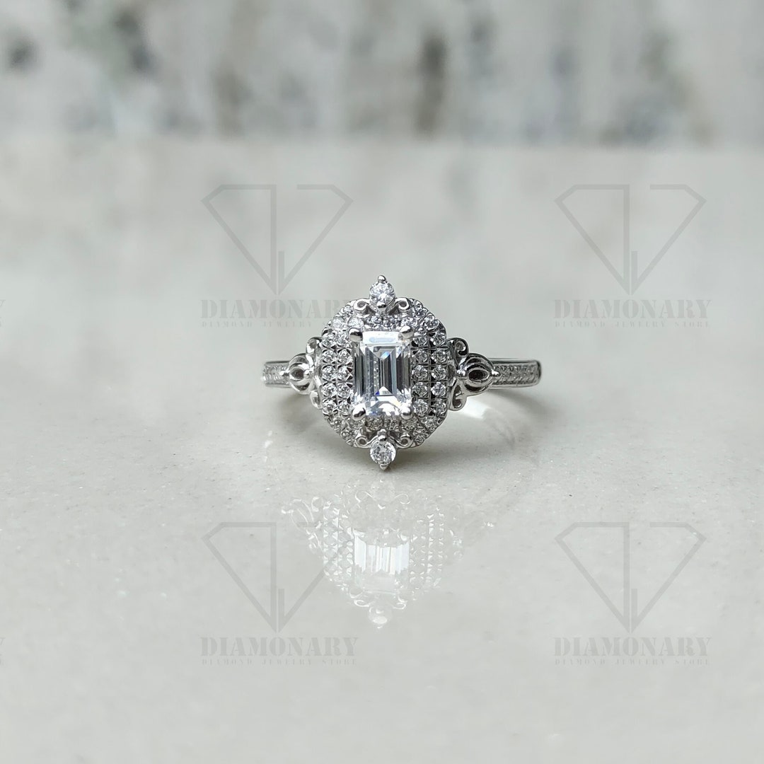 White Emerald Cut Ring, 935 Silver Ring, Moissanite Ring, Engagement ...