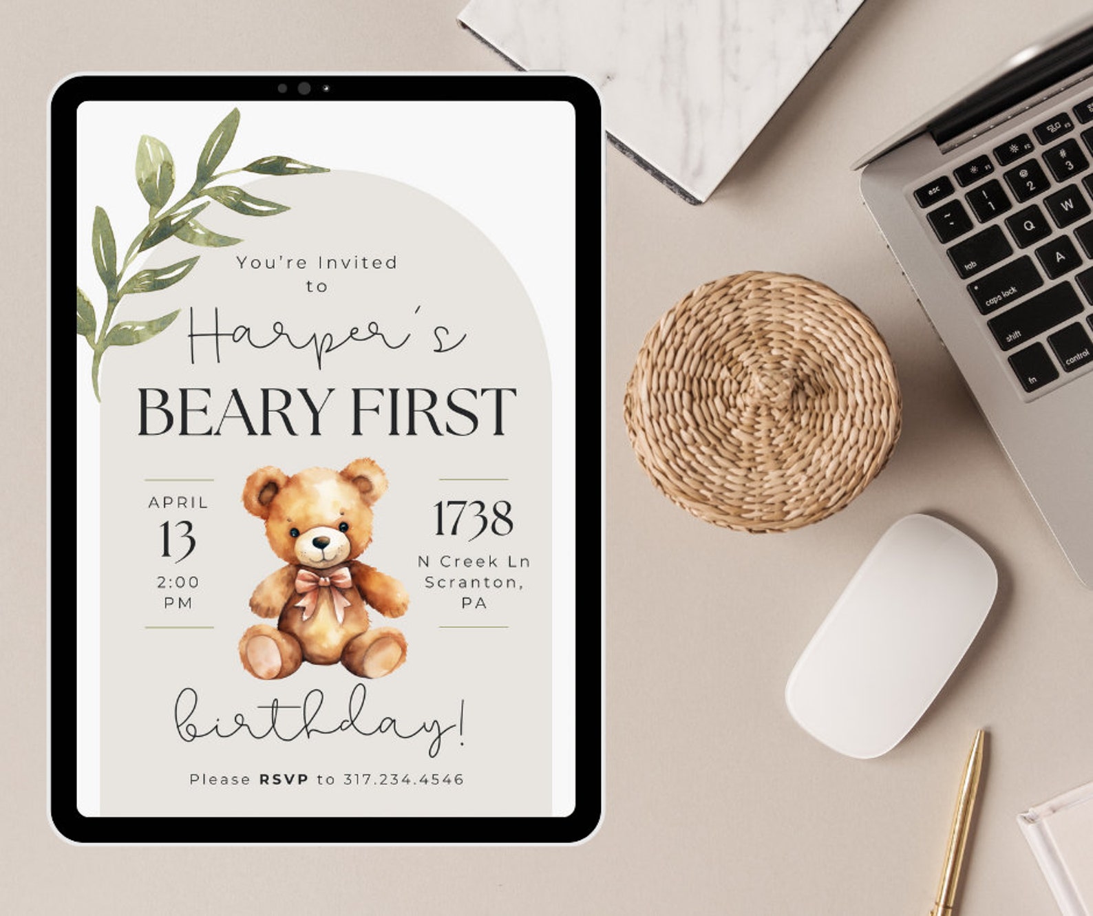 Beary First Birthday Party, Teddy Bear Woodland Theme, Editable ...