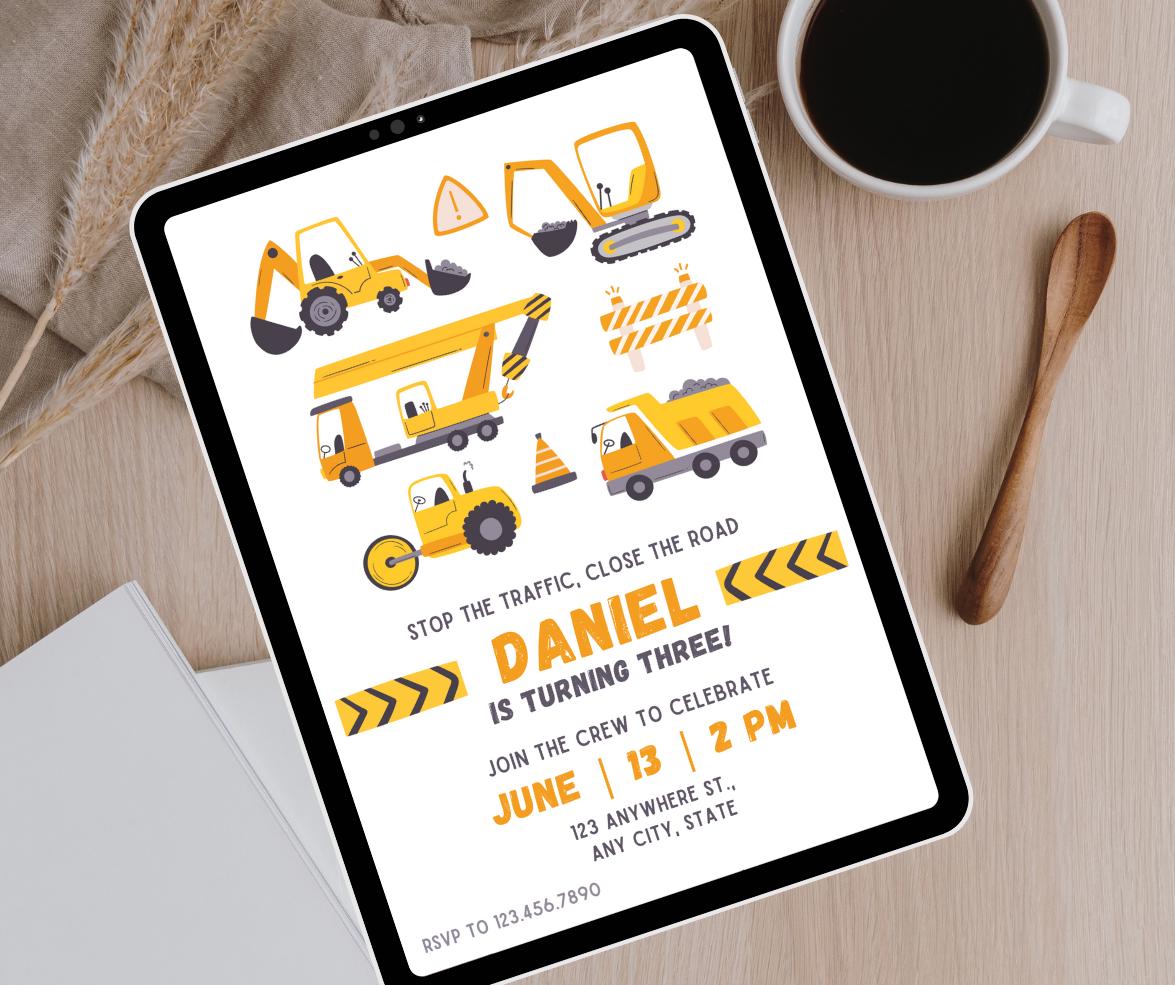 Construction Birthday Invitation Template, Construction Vehicles Bday ...
