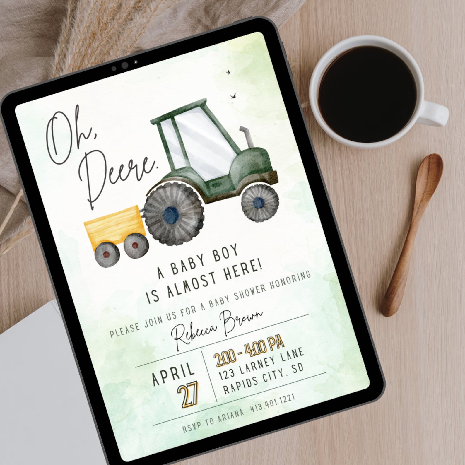 Oh Deere Baby Shower Invitation, Green Tractor Baby Shower Invite, It's ...