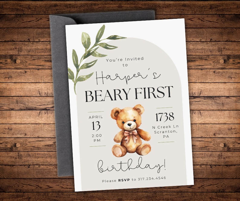Beary First Birthday Party, Teddy Bear Woodland Theme, Editable ...