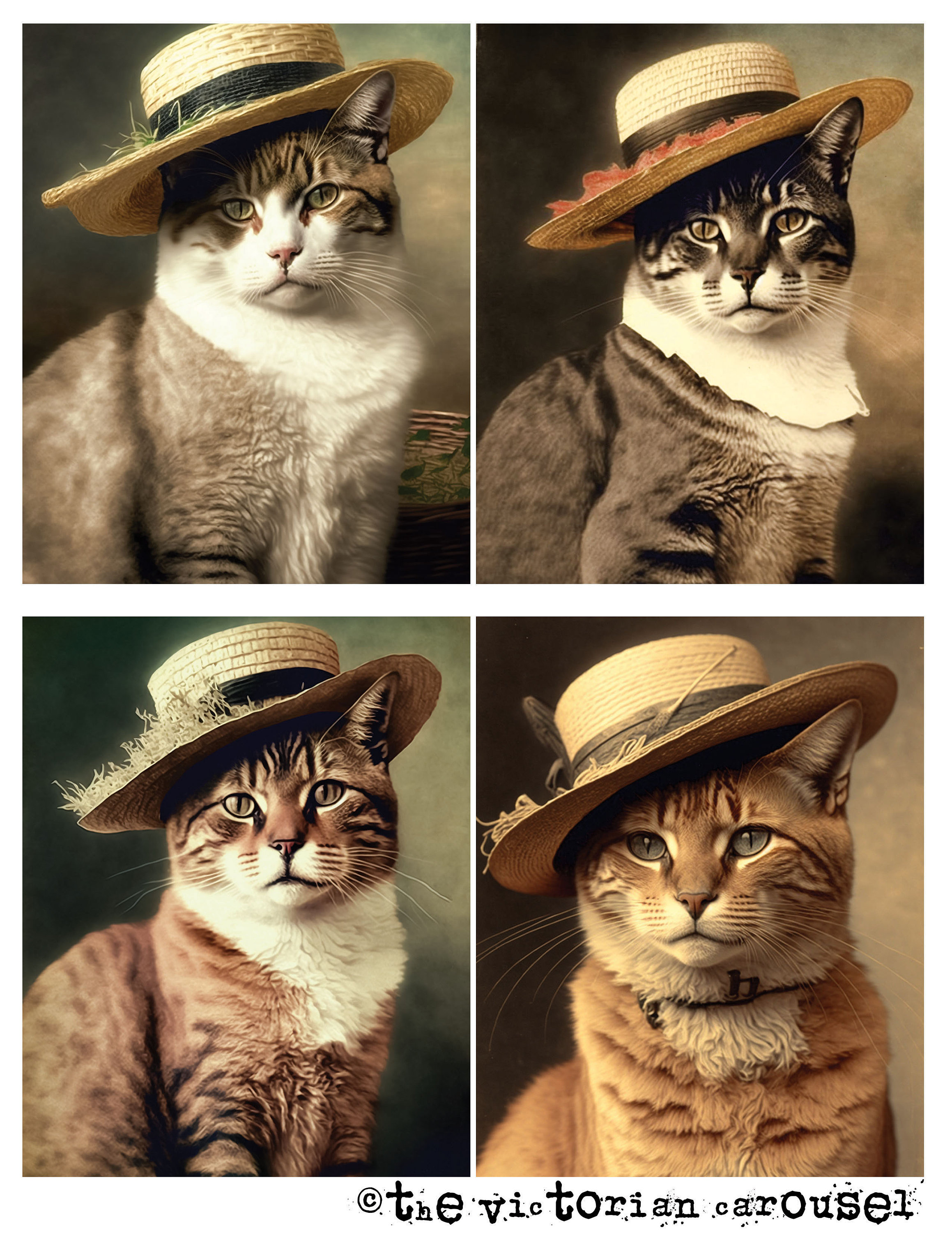 Vintage Photos of Orange Cats With Straw Hats-- FOUR Images ...