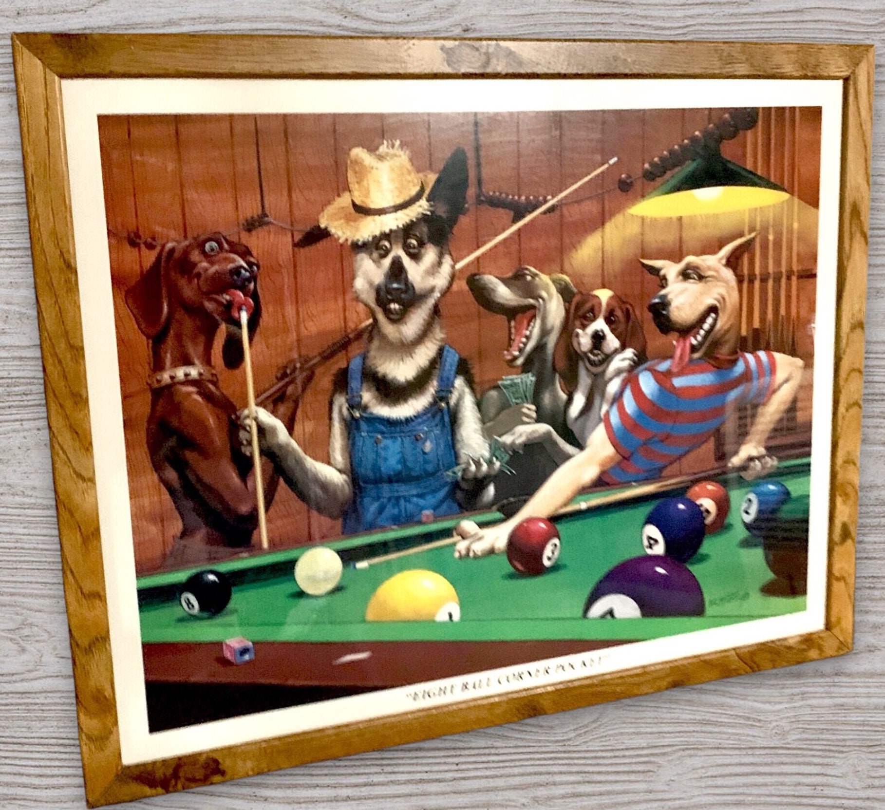 Rare Vintage Dogs Playing Pool Billiards “8 Ball Corner Pocket” Wood ...