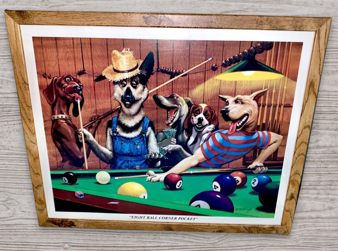 Rare Vintage Dogs Playing Pool Billiards “8 Ball Corner Pocket” Wood ...