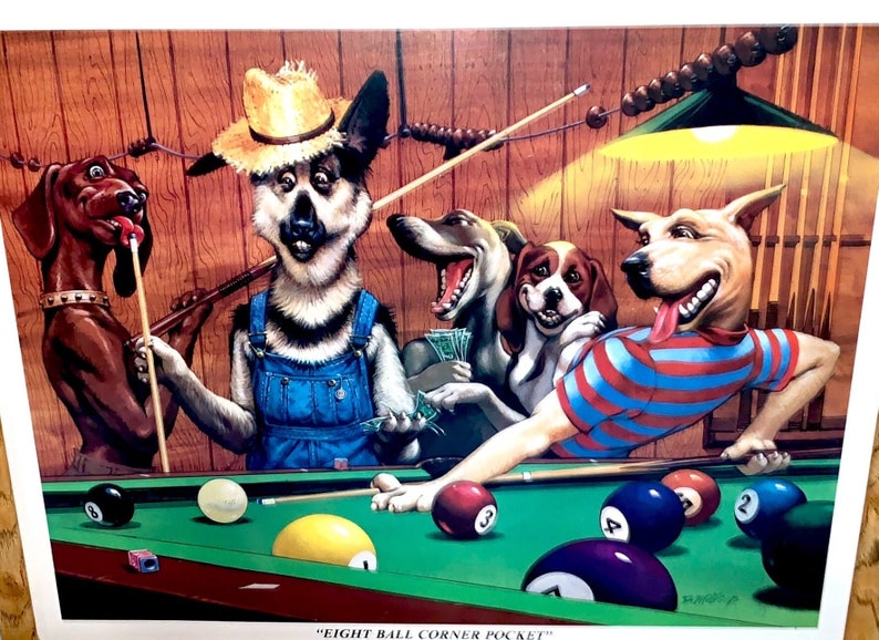 Rare Vintage Dogs Playing Pool Billiards “8 Ball Corner Pocket” Wood ...