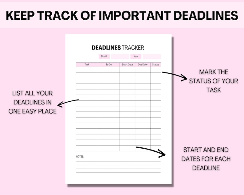 Printable Deadlines Tracker | Task Progress Tracker | Deadlines Log ...
