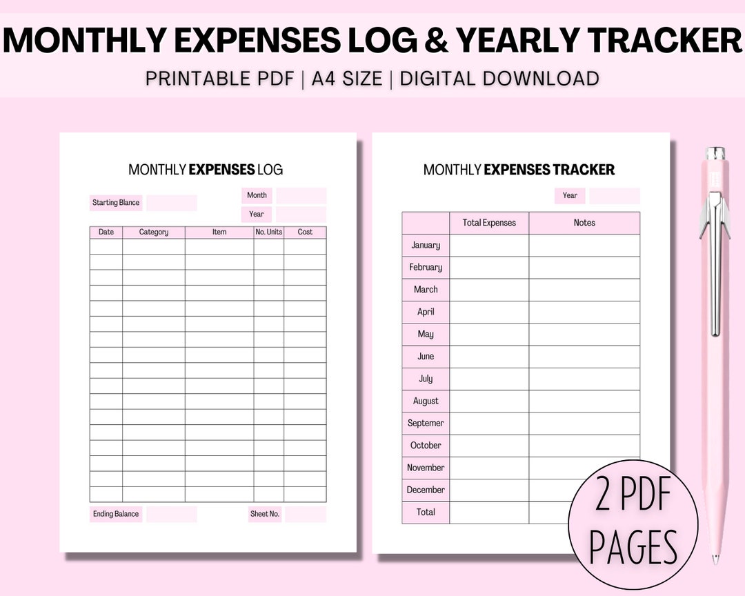 Monthly Expenses Cost Log and Tracker | Yearly Expenses Cost Template ...