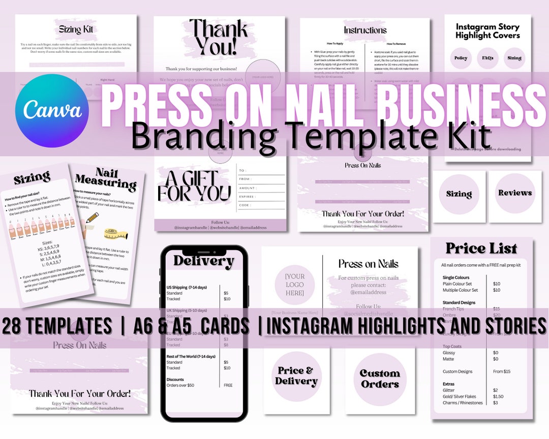Press on Nail Salon Business Branding Kit Nail Card Editable Canva ...