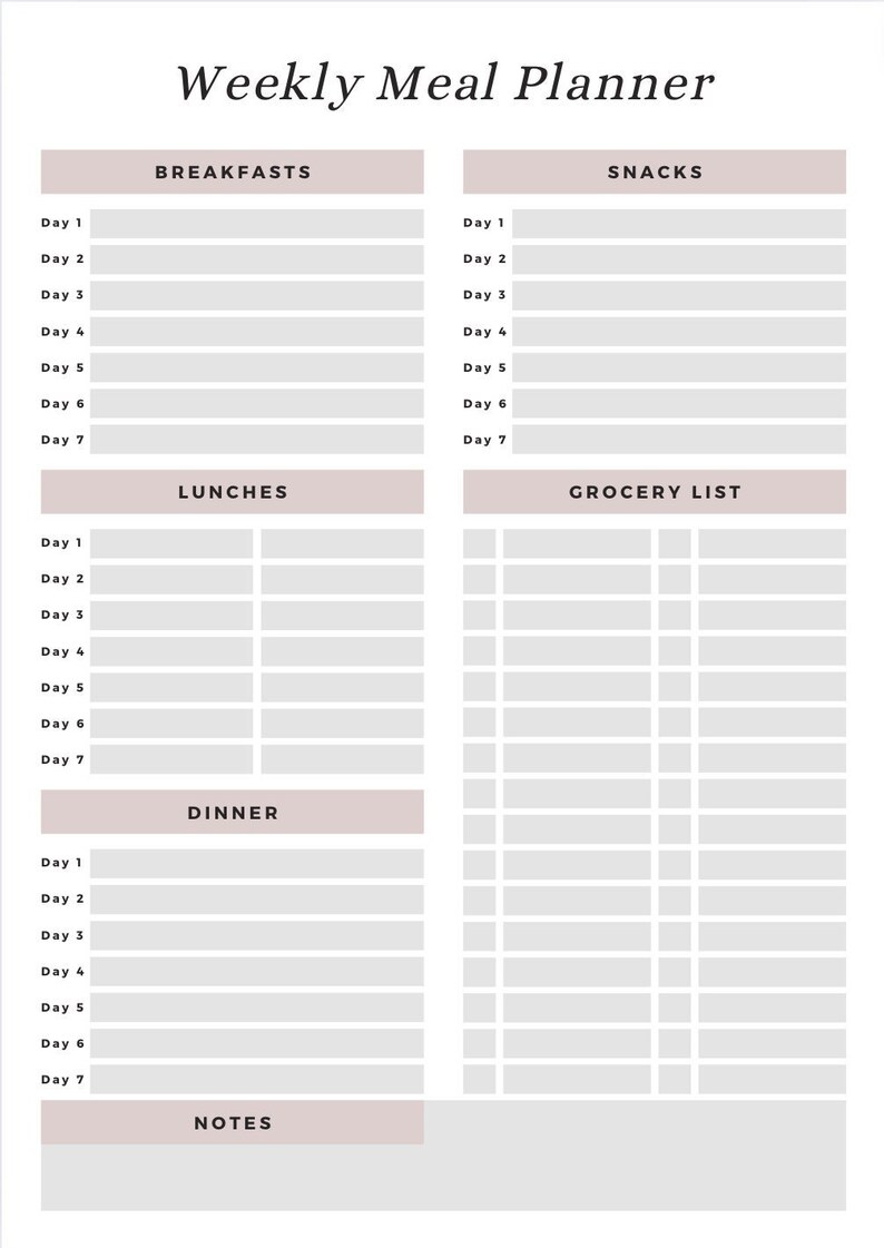 Minimalist Weekly Meal Planner Printable, Food Tracker, Grocery List ...