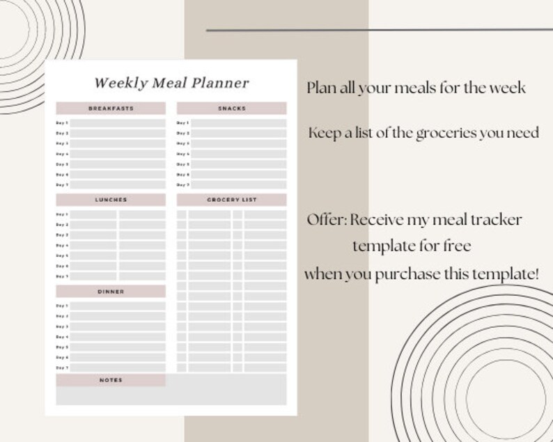 Minimalist Weekly Meal Planner Printable, Food Tracker, Grocery List ...