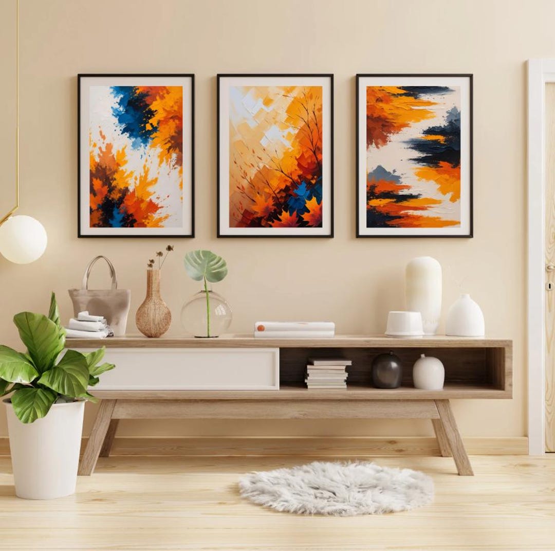 Set of 3 Luxury Wall Art, Fall Leaves Abstract Prints, Textured ...