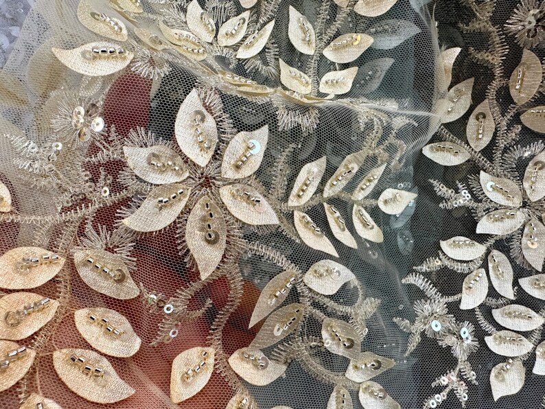 Yellow Flower Leaves Beaded Sequin Lace Fabric, Bridal Floral Lace Veil ...