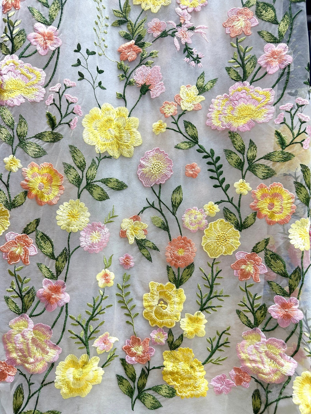 Yellow Flowers Embroidered Tulle Fabric,dress Fabric,lace Fabric,1 Yard ...