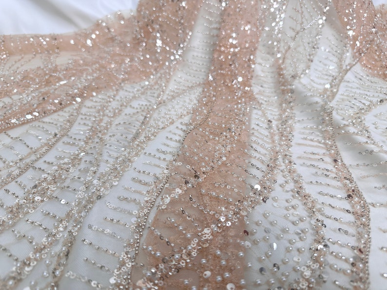 Champagne Color Irregular Sequins Beaded Lace Fabric, Dress Fabric ...