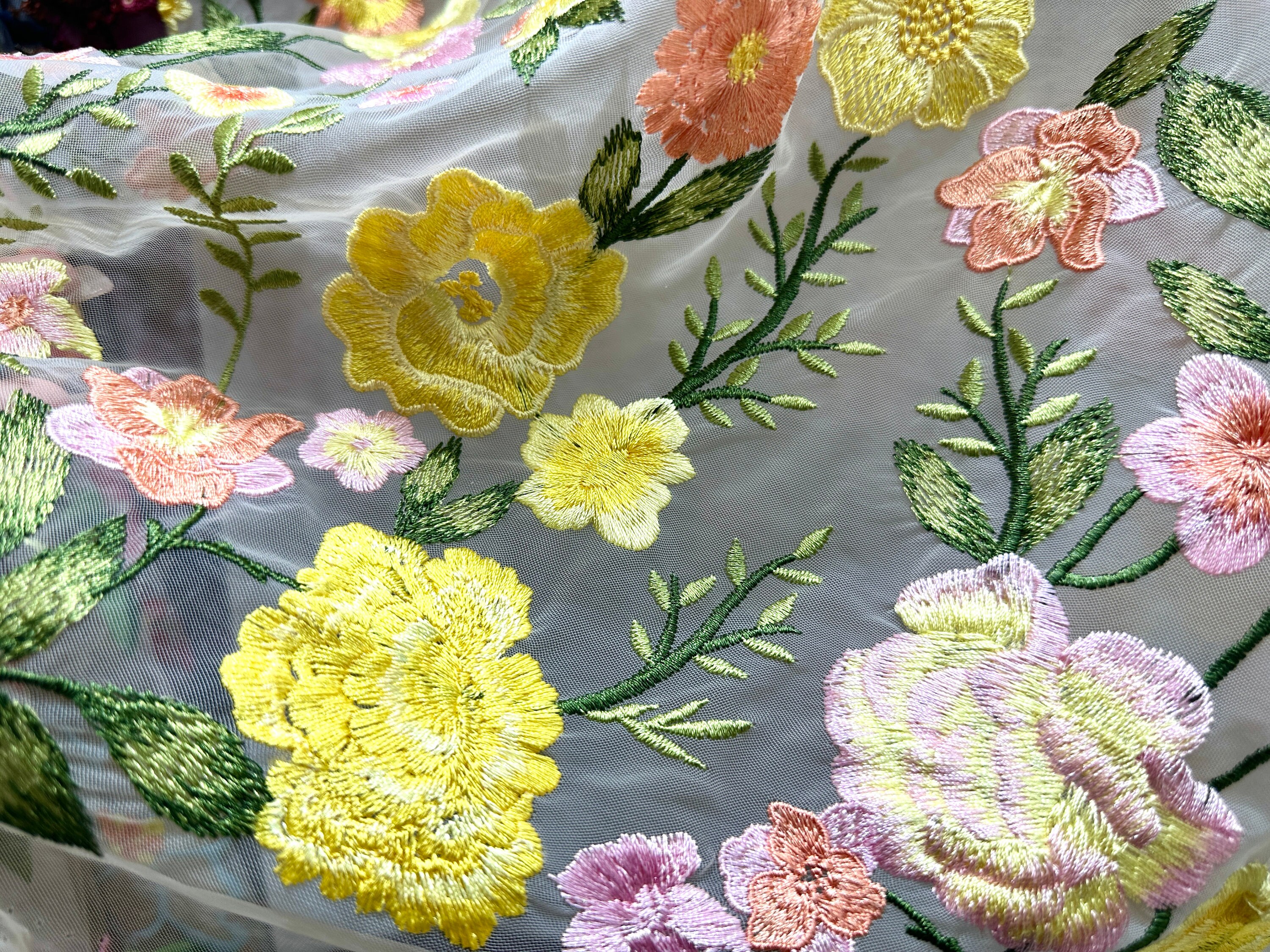 Yellow Flowers Embroidered Tulle Fabric,dress Fabric,lace Fabric,1 Yard ...
