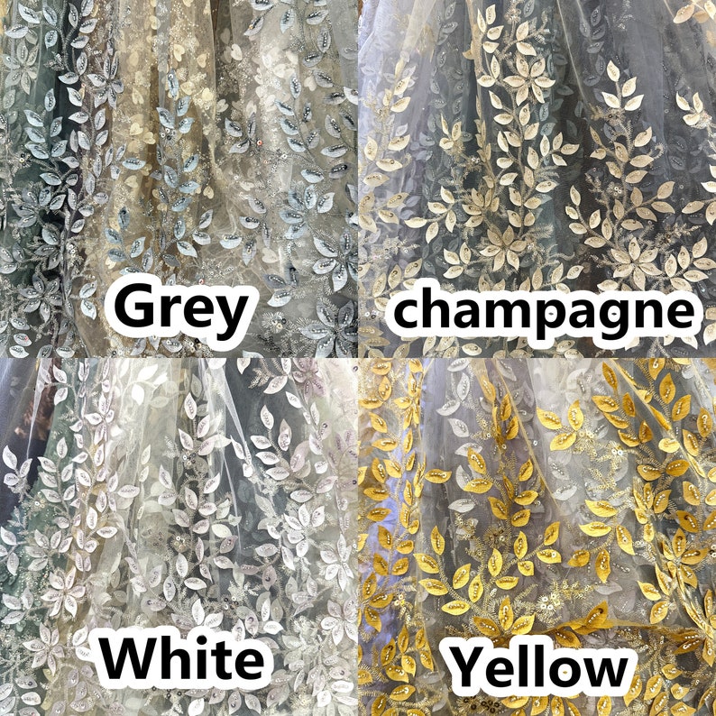 Yellow Flower Leaves Beaded Sequin Lace Fabric, Bridal Floral Lace Veil ...
