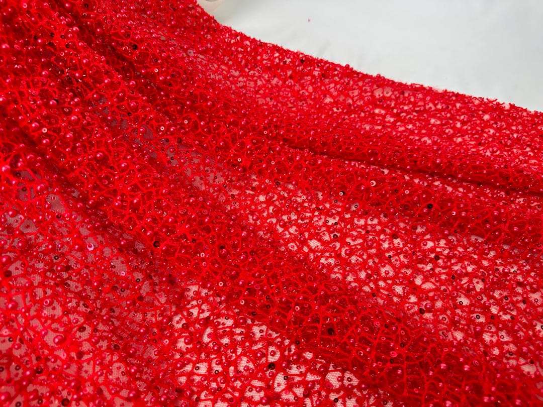 Red Glitter Fabric, Pearl Lace Fabric, Mesh Lace, Beaded Fabric, Bridal ...