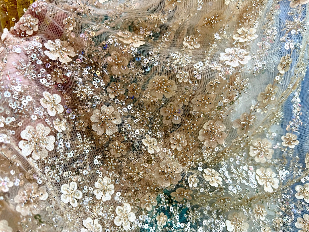 Champagne Heavy Bead Tulle Lace Fabric With Florals for Bridal Dress ...