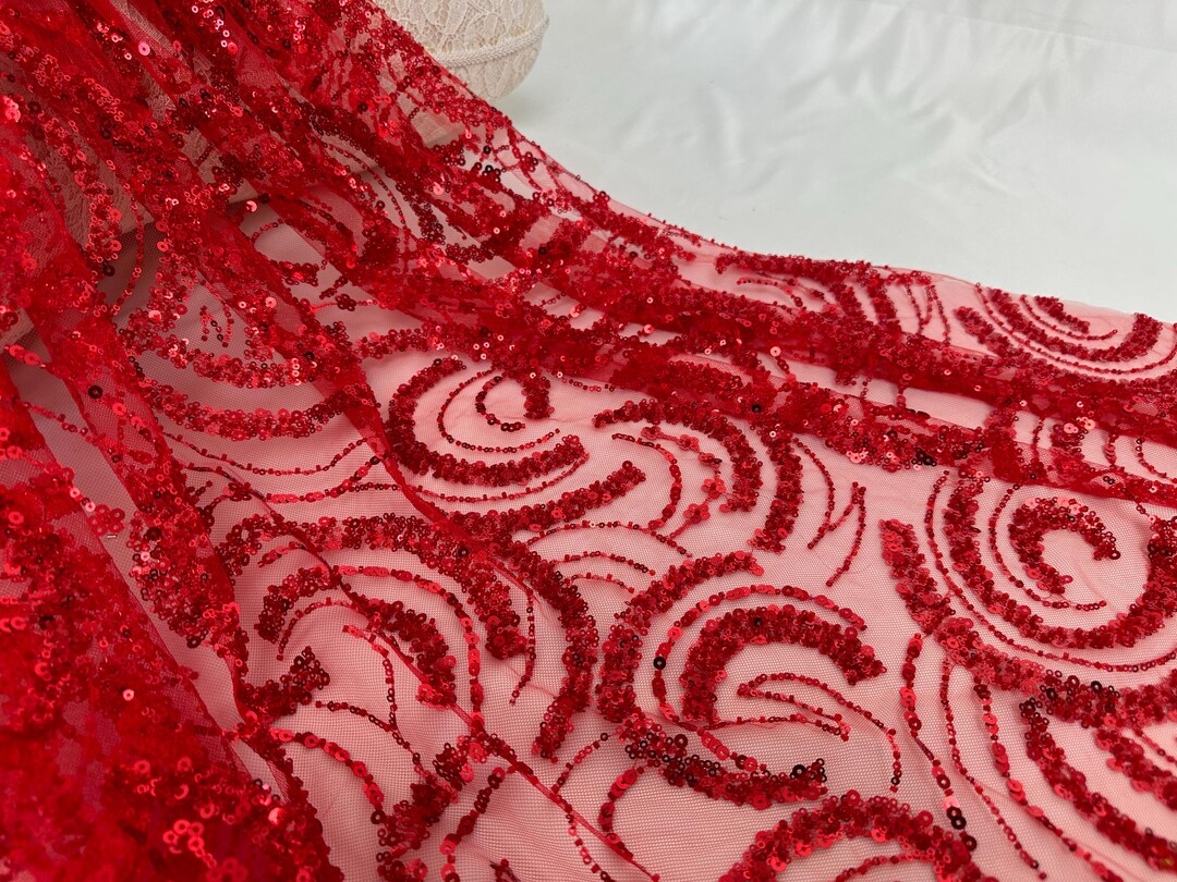 Red Heavy Sequin Lace Fabric, Round Beaded Fabric, Fashion Mesh Fabric ...