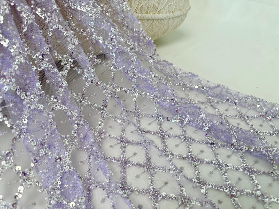Purple Diamond Beaded Lace Fabric, Evening Gown Fabrics, High Fashion ...