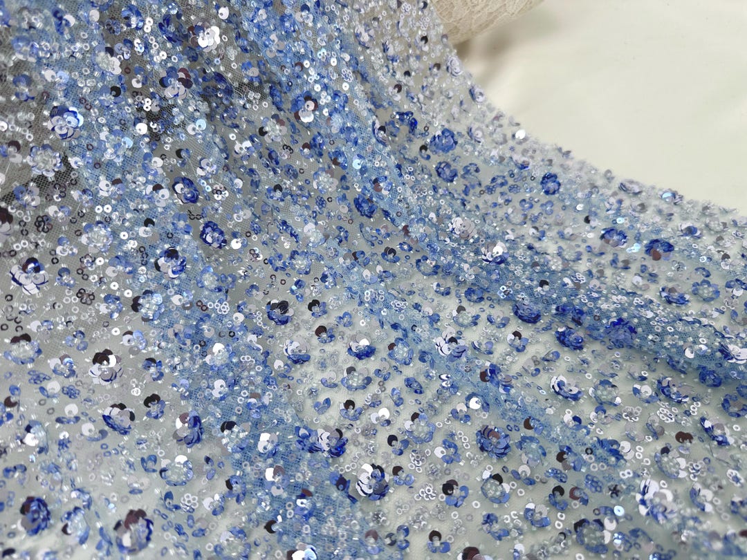 1 Yard Light Blue Heavy Sequin Lace Fabric,flower Sequin Beaded Fabric ...