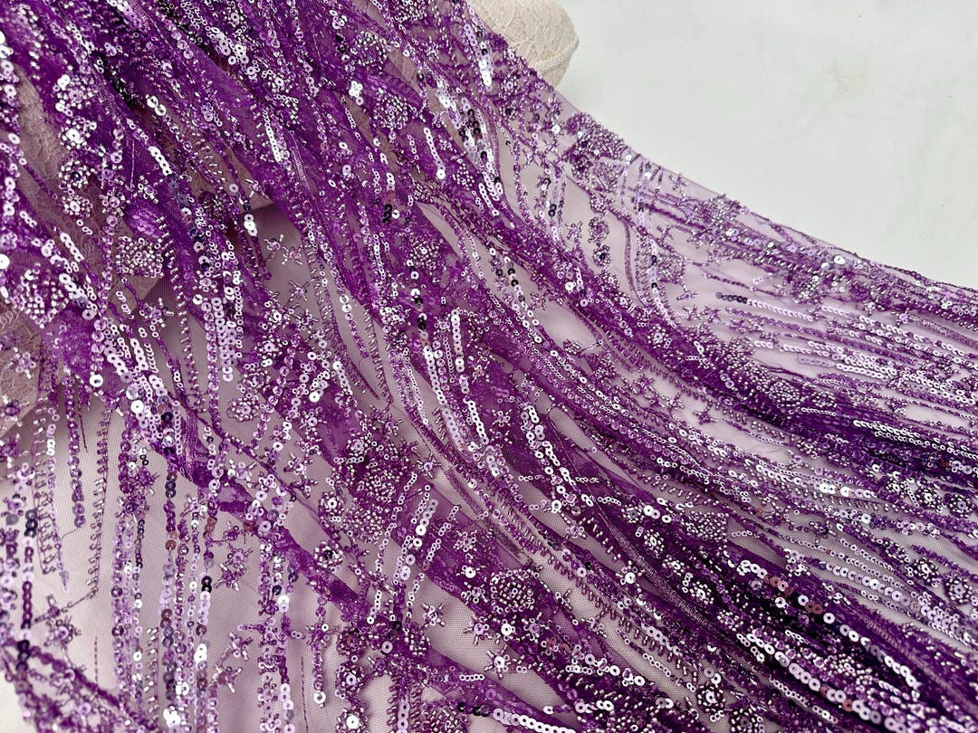 Purple Flower Beaded Fabric, Sequin Fabric, Tulle Fabric, Lace Fabric ...